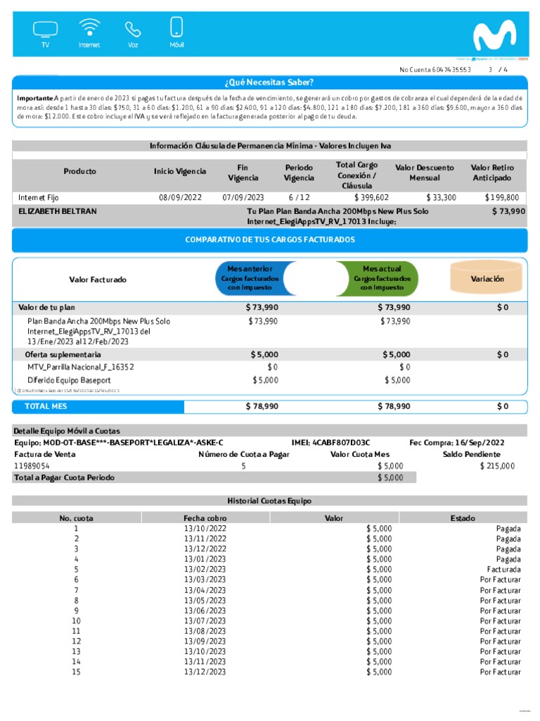 Detalles de la factura de servicios de internet y telefonía fija ...