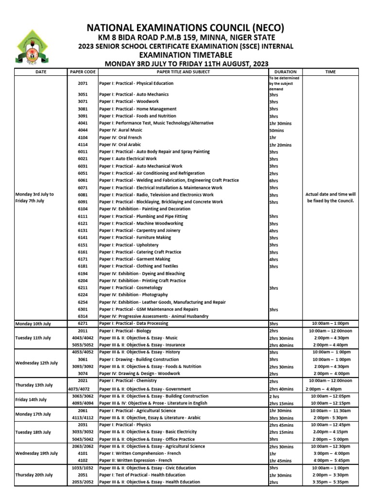 NECO Timetable 2023 | PDF | Paper | Plumbing