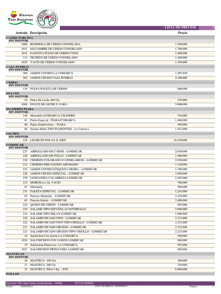 Lista de Precios de Fiambres y Quesos | PDF | Cerdo | Queso