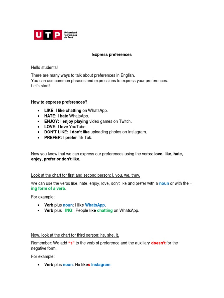 Express Preferences: Ing Form of A Verb | PDF | Verb | Languages