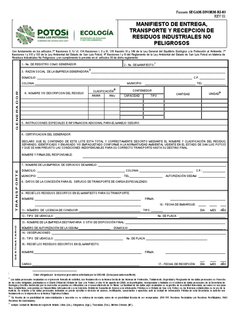 F-SEGAM-DNORM-RI-03 Formato de Manifiesto | PDF | Residuos