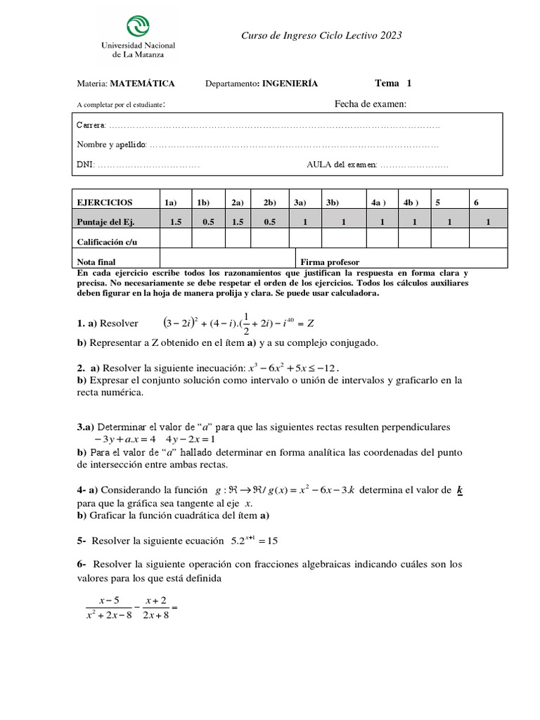EXAMEN MATEMATICA 1 - Instancia 2023 TEMA 1 FINAL | PDF | Matemáticas ...