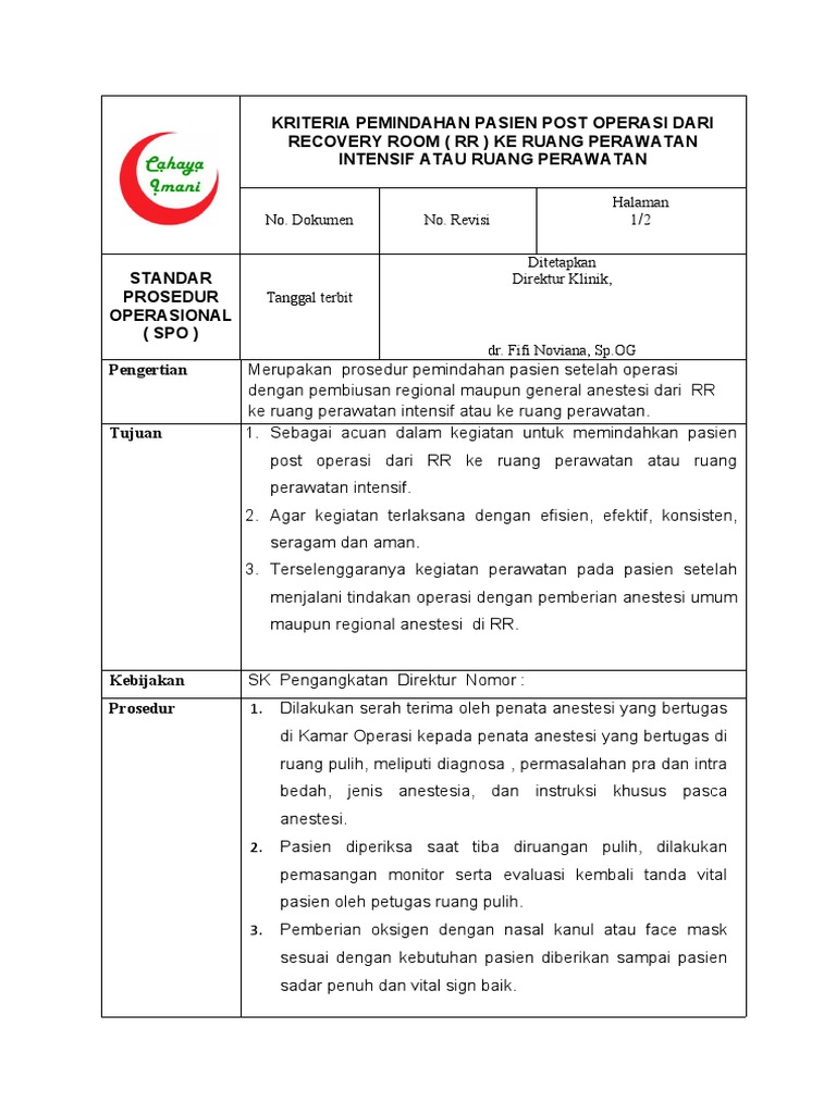 Spo Kriteria Pemindahan Pasien Post Operasi Dari Recovery Room (RR) Ke ...