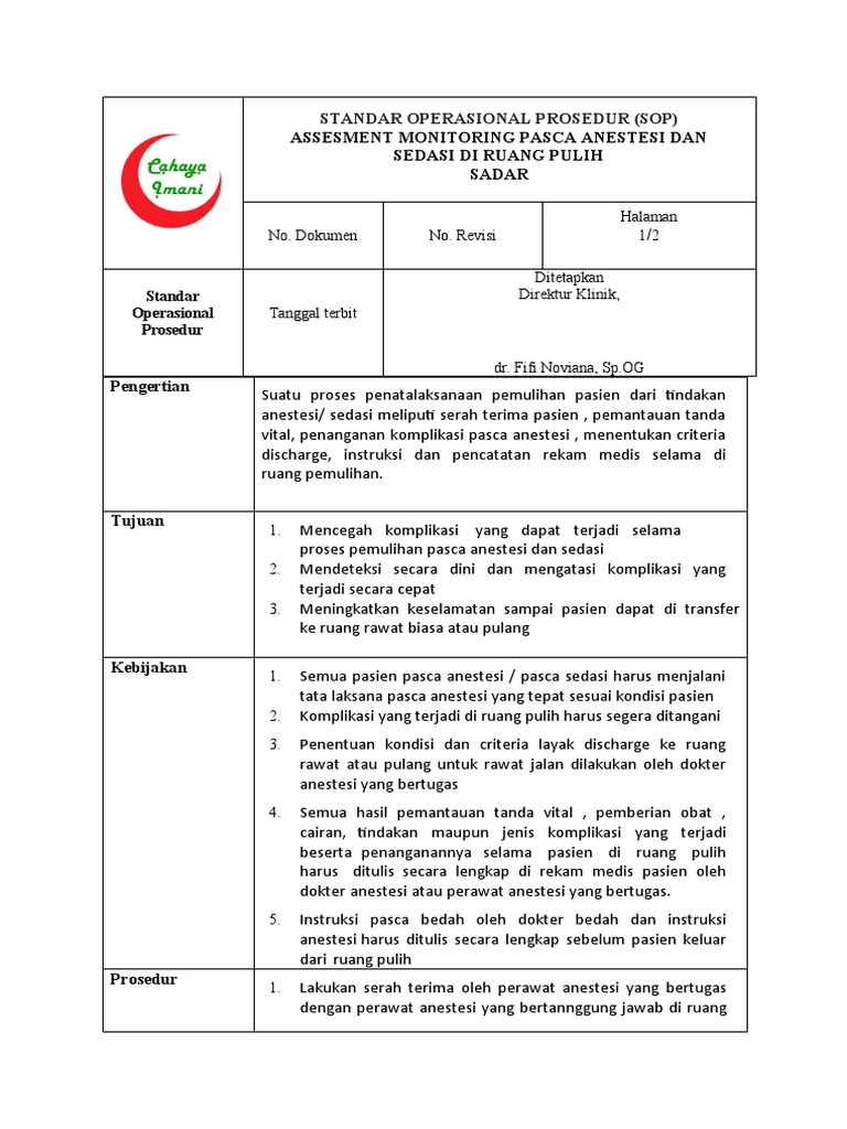 Spo Assesment Monitoring Pasca Anestesi Dan Sedasi Di Ruang Pulih | PDF