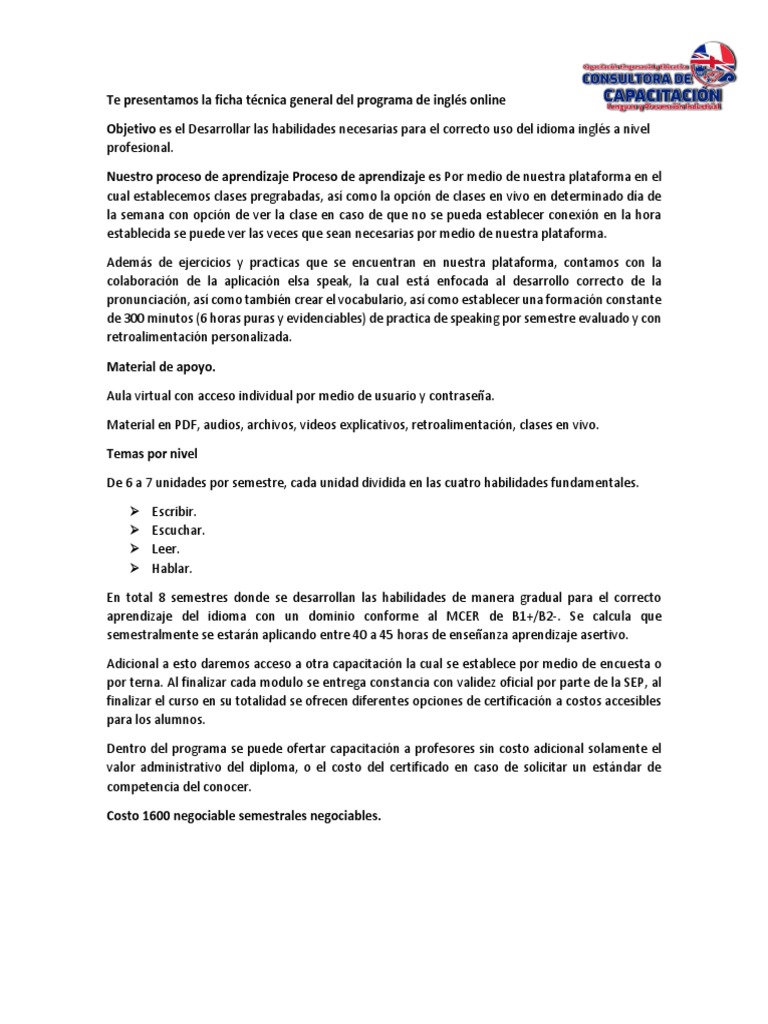 Ficha técnica general del programa de inglés desde nivel A1 hasta B2 | PDF