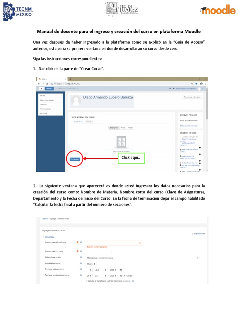Manual de Docente para El Ingreso y Creación Del Curso en Plataforma Moodle | PDF