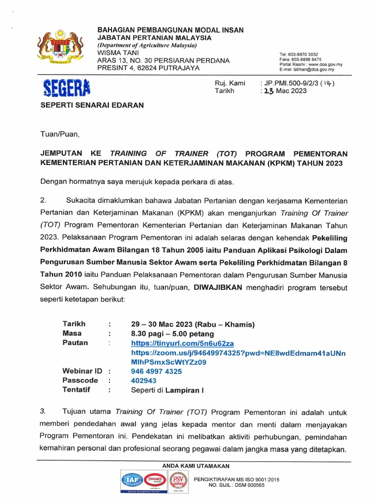 Jemputan Ke Training of Trainer (Tot) Program Pementoran Kementerian ...
