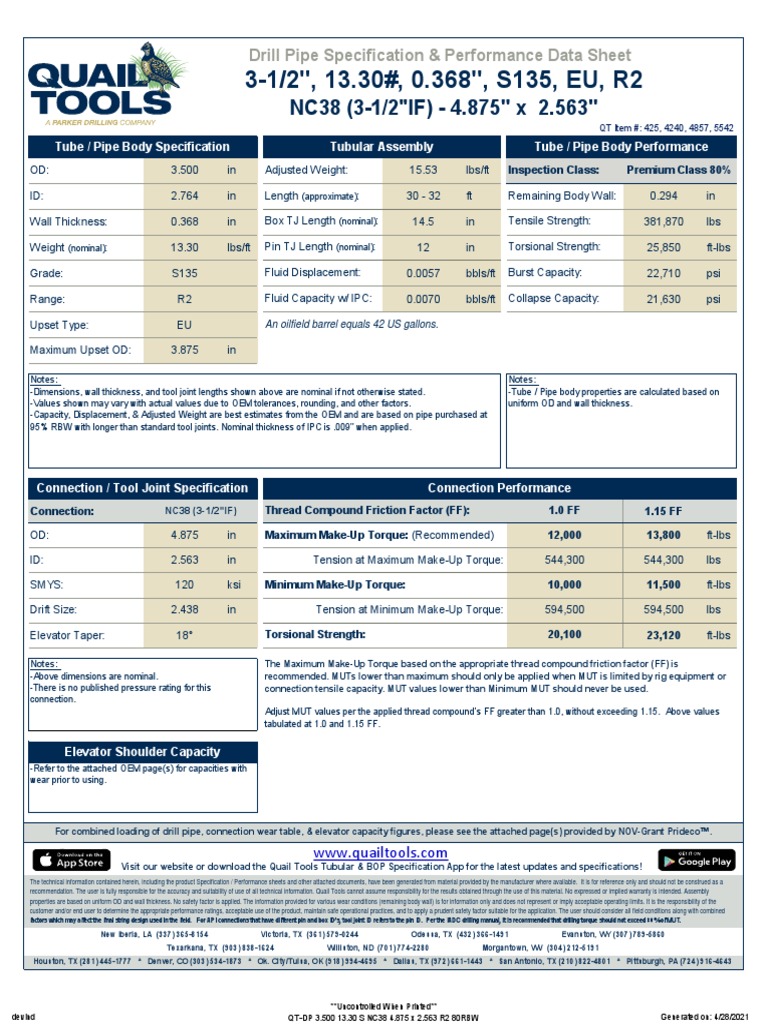 3-1/2'', 13.30#, 0.368'', S135, EU, R2: NC38 (3-1/2"IF) - 4.875'' X 2. ...