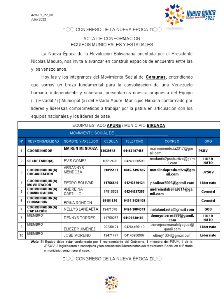 Acta Congreso de La Nueva Época Biruaca | PDF | Venezuela | Gobierno