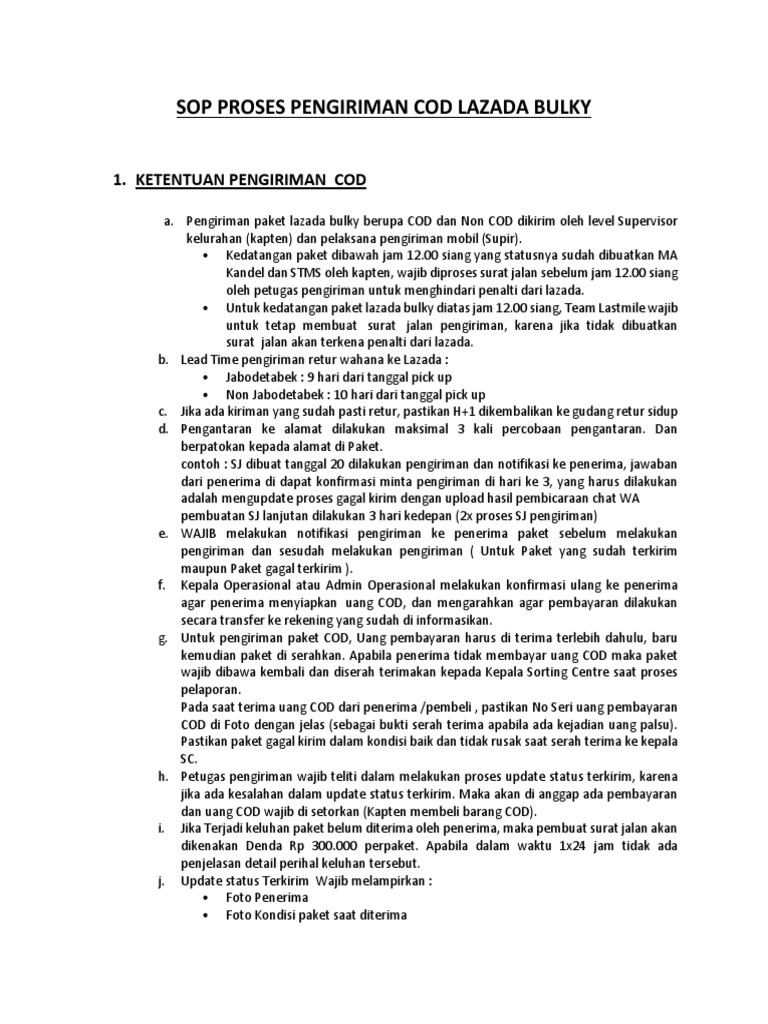 Sop Proses Pengiriman Cod Lazada Bulky | PDF