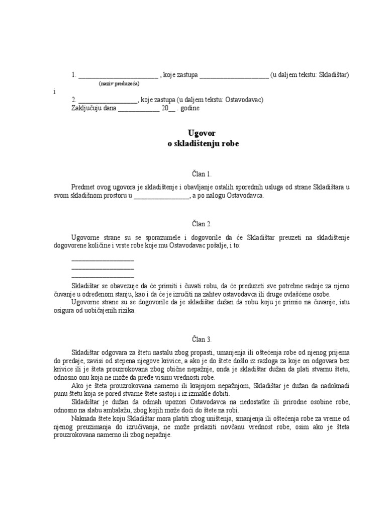 Ugovor o skladištenju robe | PDF