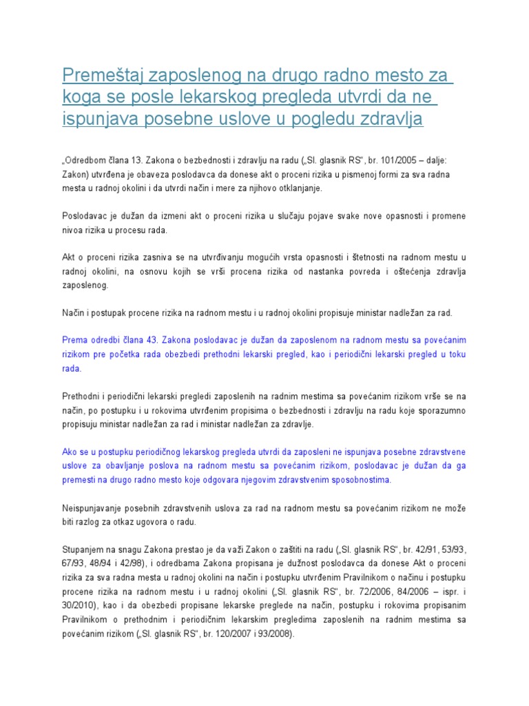 Premeštaj zaposlenog na drugo radno mesto za koga se posle lekarskog pregleda utvrdi da ne ...