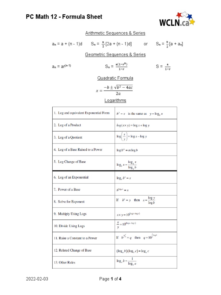 PC Math 12 Formula Sheet | PDF