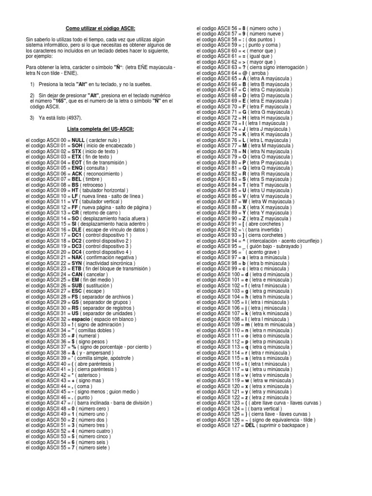 Codigo Ascii | PDF | Ascii | Codificación de caracteres