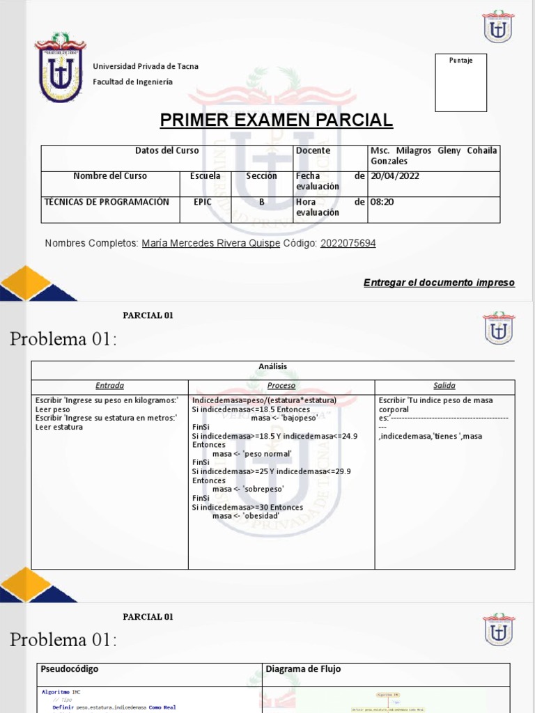 Formato PRIMER EXAMEN PARCIAL | PDF | Ingeniería de software | Algoritmos