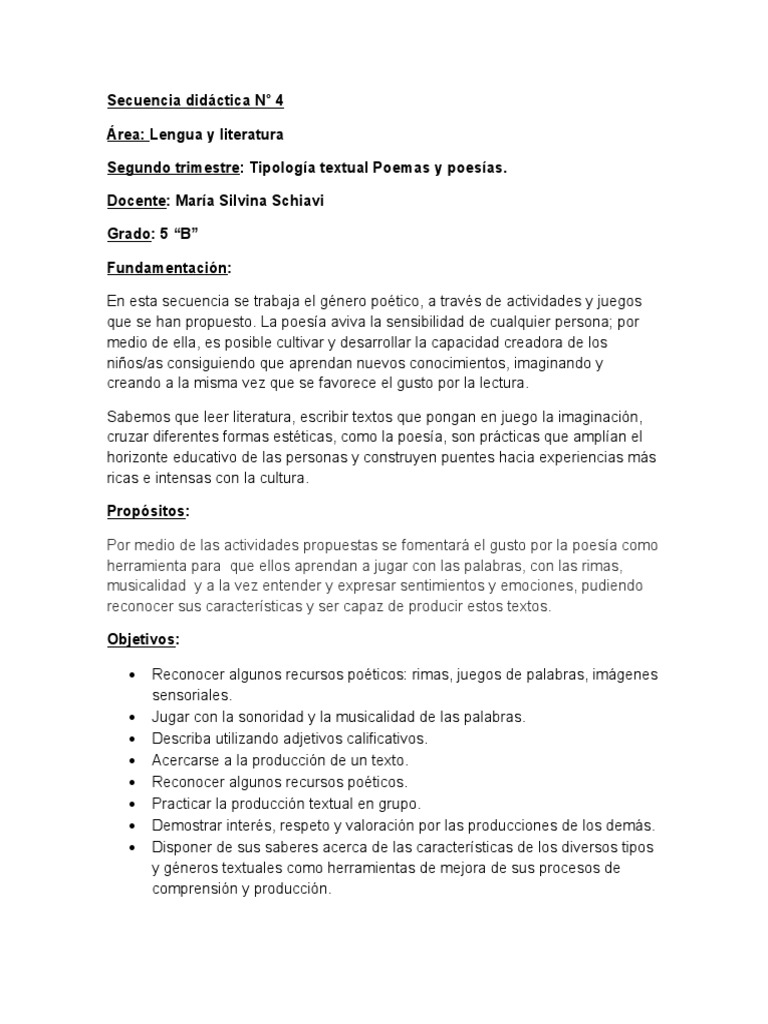 Secuencia didáctica Poesía 5° | PDF | Poesía | Lingüística