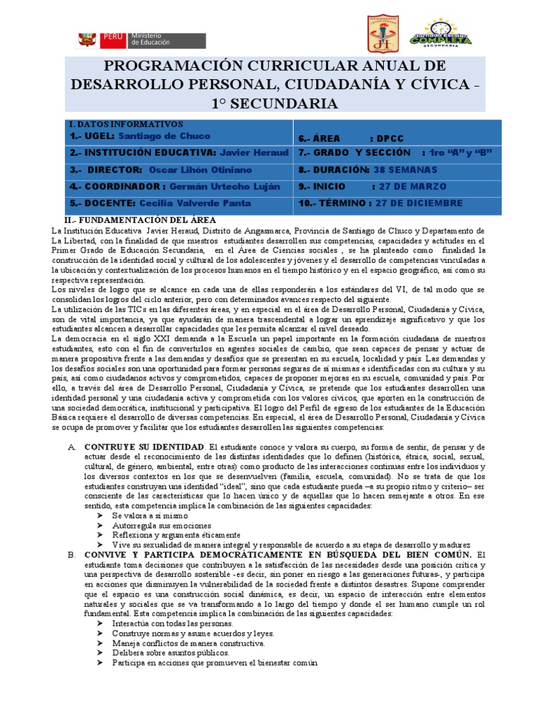 Plan Anual 1° DPCC - 2023 | PDF | Aprendizaje | Desarrollo personal