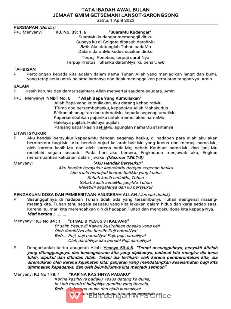 Tata Ibadah Awal Bulan Jemaat Gmim Getsemani Lansot-Sarongsong | PDF