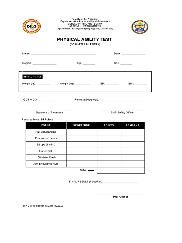 HRMD 11F Physical Agility Form Rev01 | PDF