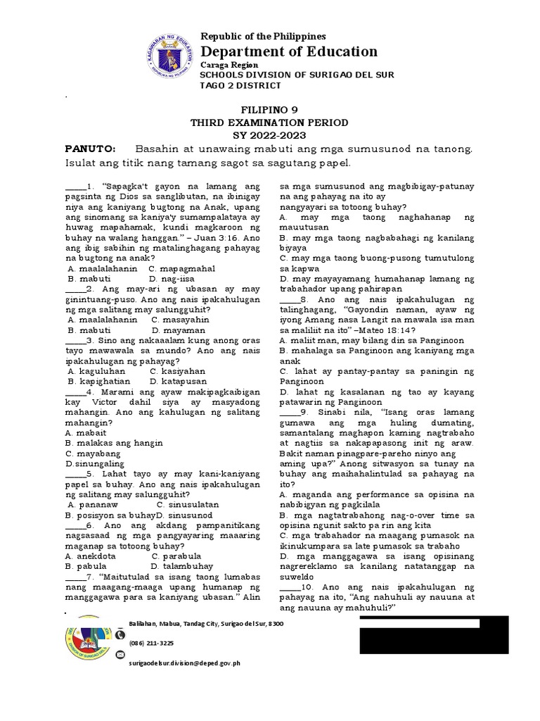 THIRD EXAMINATION SA FILIPINO 9 Final | PDF THIRD EXAMINATION SA FILIPINO 9 Final | PDF