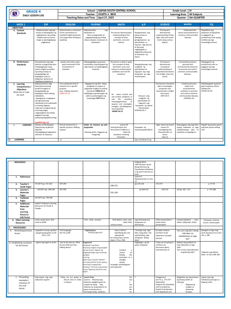Grade 4: Week 1 ESP English Filipino Math A.P. Science TLE | PDF