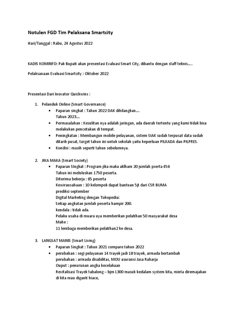 Notulen FGD Tim Pelaksana Smartcity | PDF