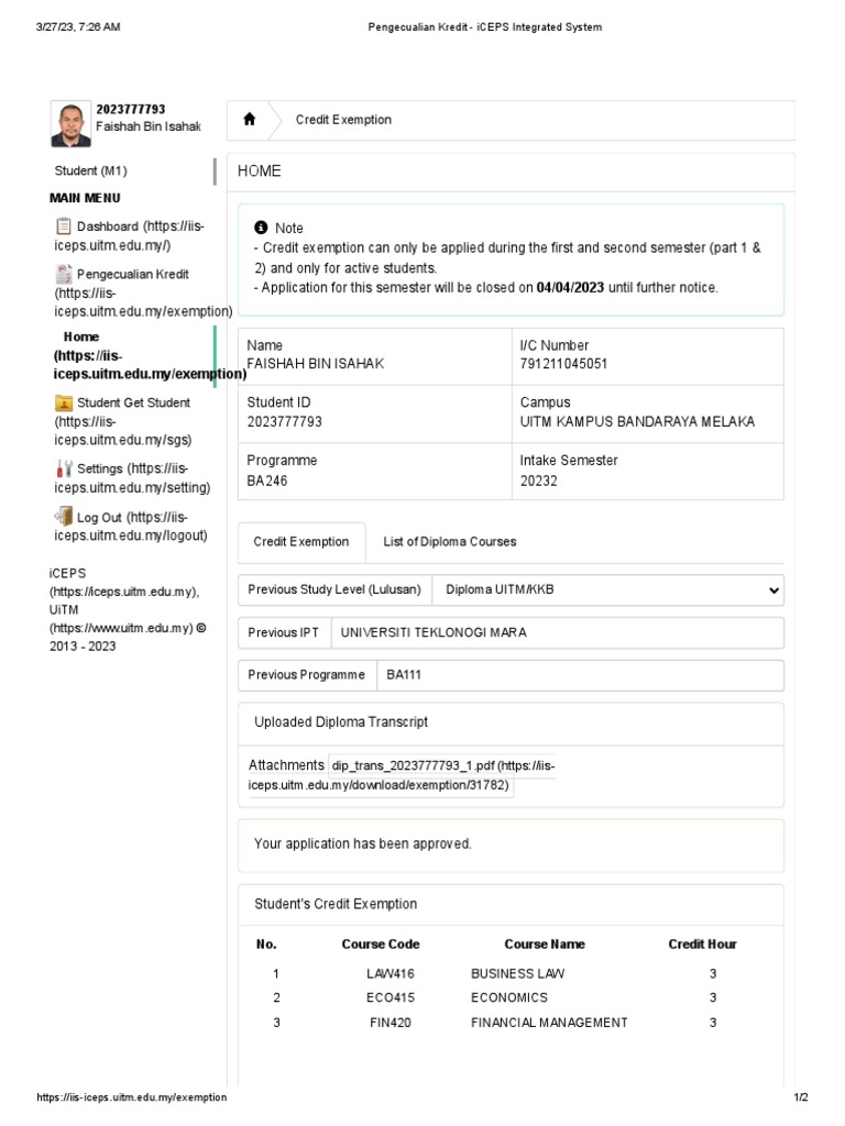 Pengecualian Kredit - iCEPS Integrated System | PDF | Course Credit ...