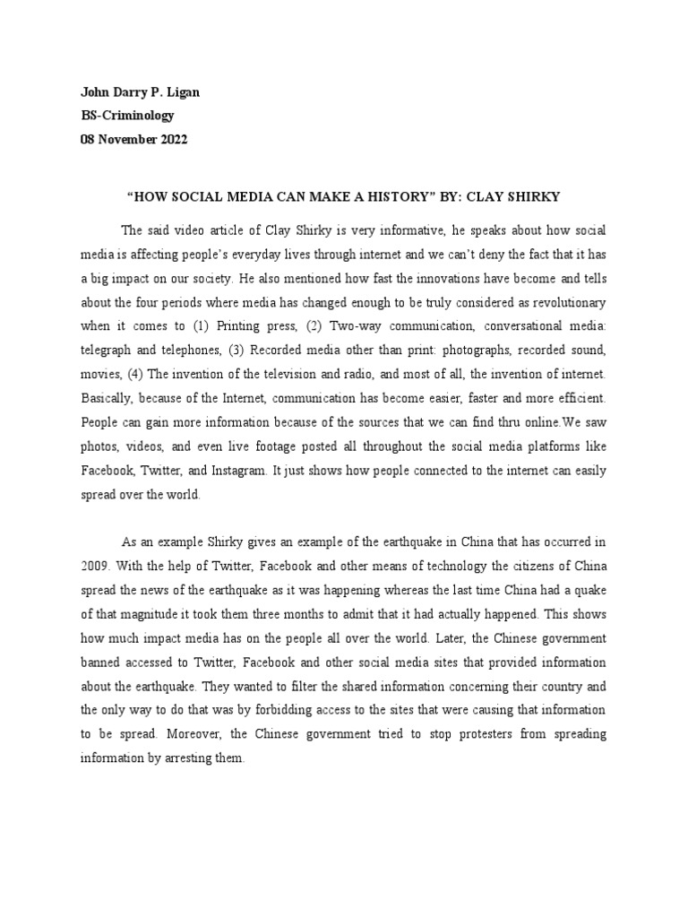 HOW-SOCIAL-MEDIA-CAN-MAKE-A-HISTORY-BY-CLAY-SHIRKY_REACTION-PAPER-JOHN ...