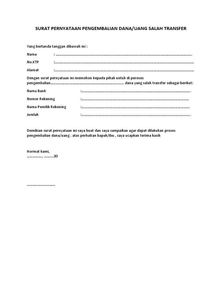 Surat Pernyataan Pengembalian Dana/Uang Salah Transfer | PDF