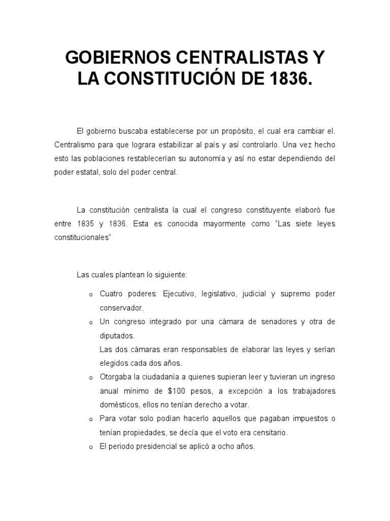 Gobiernos Centralistas Y La Constitución De 1836 Pdf Gobierno