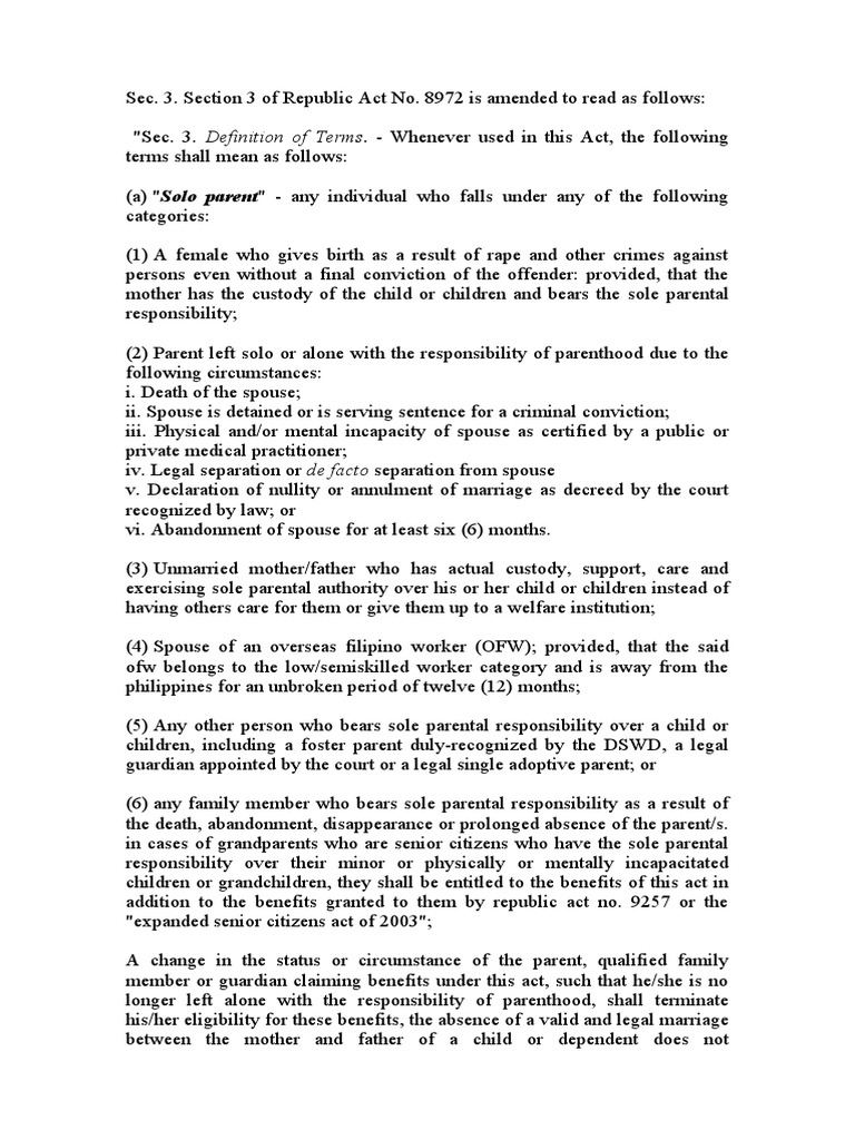 Amendments to the Solo Parents Welfare Act to Expand Benefits and Protections for Solo Parents ...