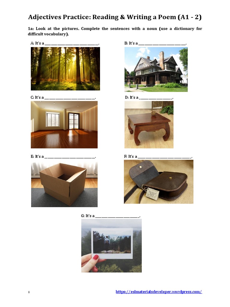 Adjectives Practice: Reading & Writing A Poem (A1 - 2) | PDF ...