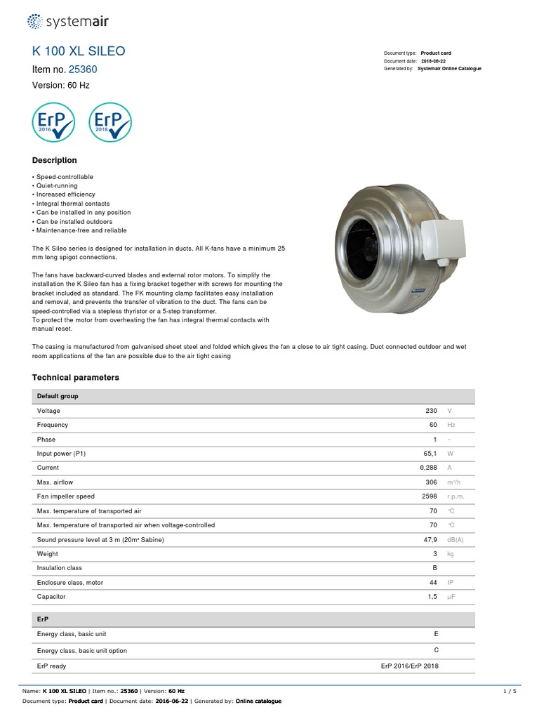 K 100 XL Sileo | PDF | Duct (Flow) | Electric Motor