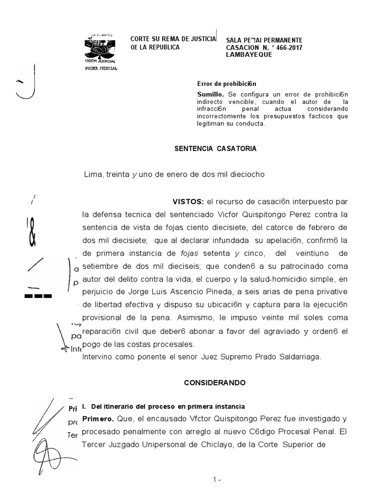 Casación 466-2017: Error de Prohibición en Homicidio | PDF | Sentencia (ley) | Castigos
