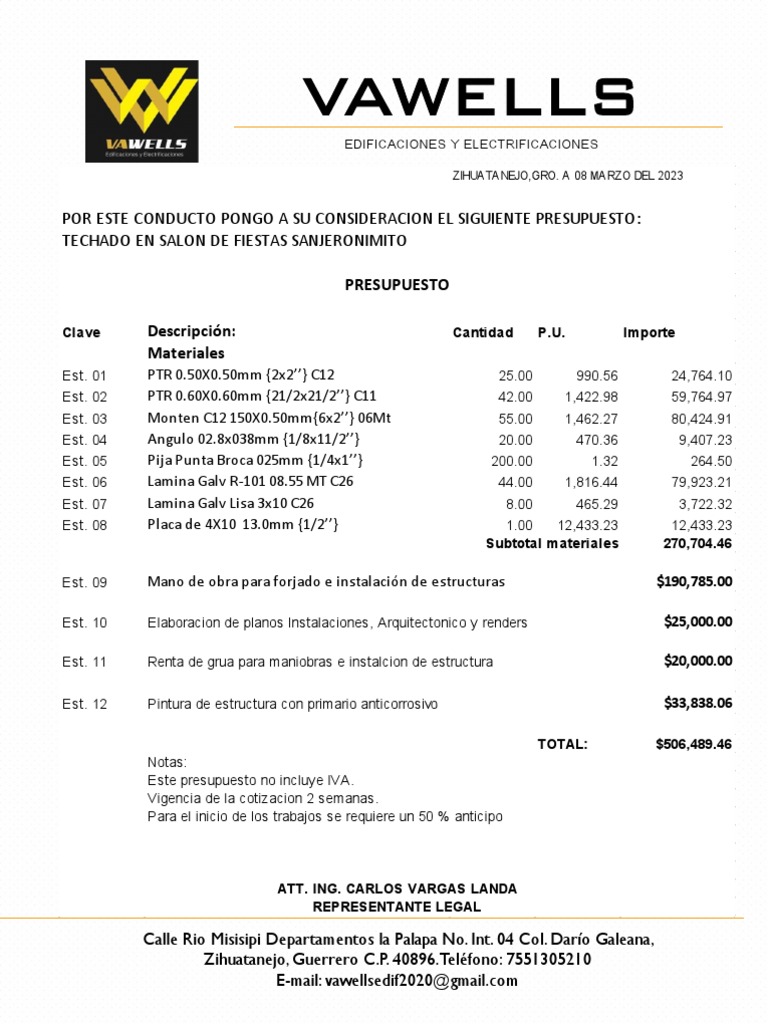 Presupuesto Techado Salón Zihuatanejo | PDF | Mecanizado | Herramientas de corte
