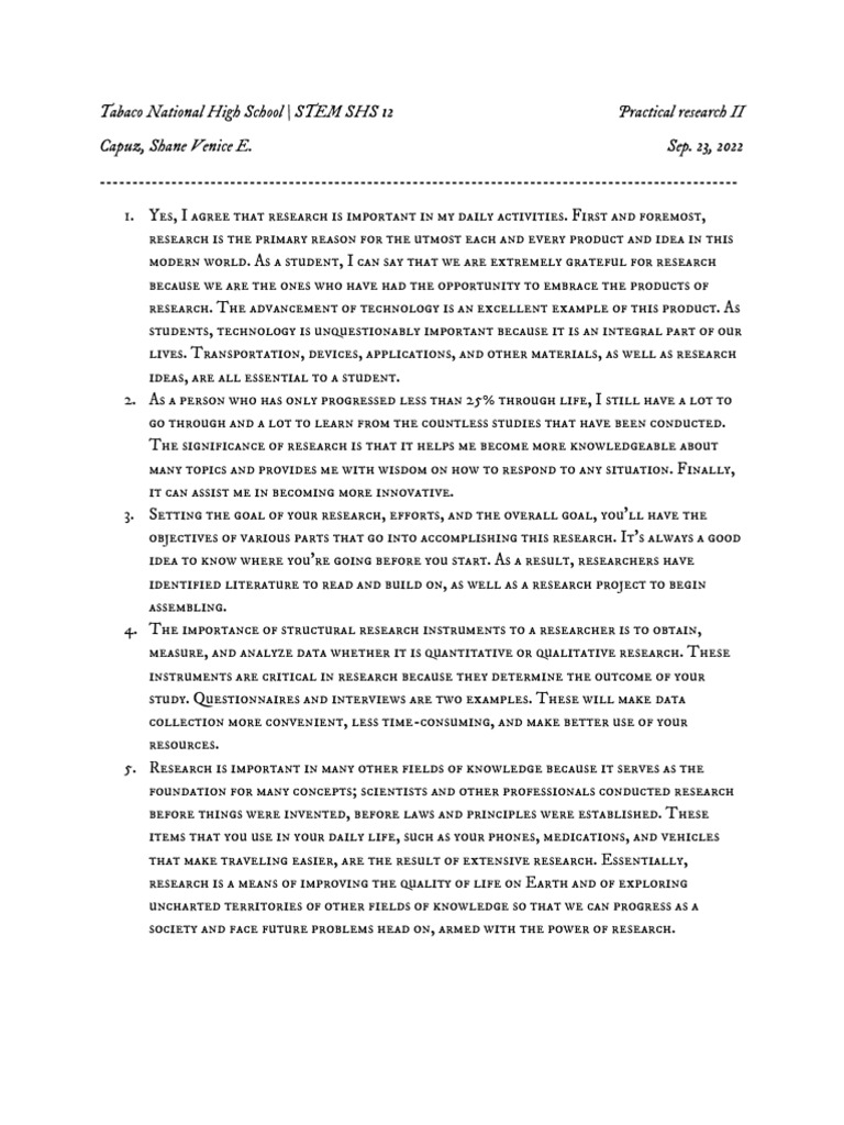 Tabaco National High School - STEM SHS 12 Practical Research II Capuz, Shane Venice E. Sep. 23 ...