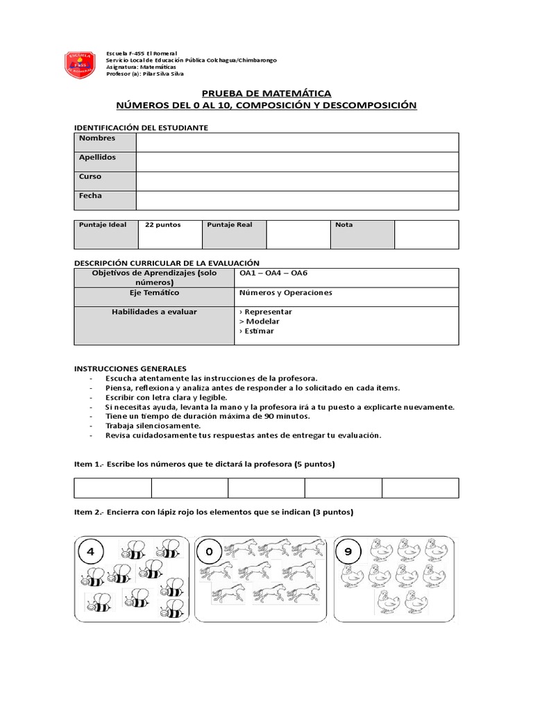 Prueba de Matematicas 1° Basico Numeros Hasta El 10, Composicion y ...