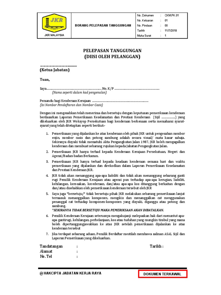 Surat Pelepasan Tanggungan Kenderaan | PDF