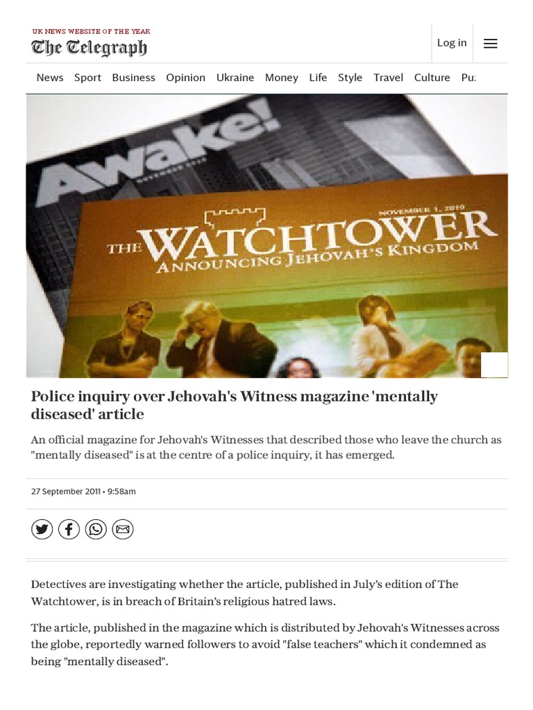 Police Inquiry Over Jehovah's Witness Magazine 'Mentally Diseased ...