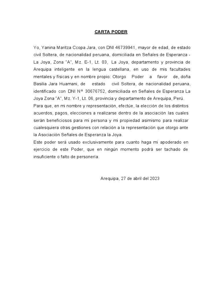Carta poder para la representación ante una asociación de vivienda y la ...