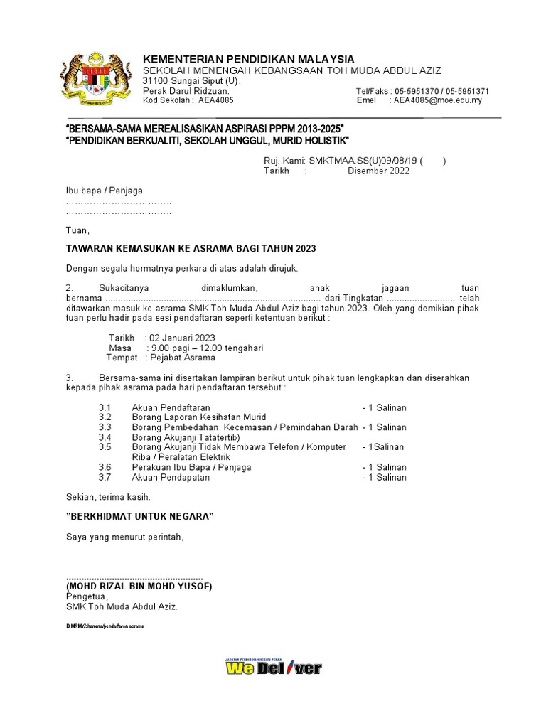 Tawaran Kemasukan Ke Asrama SMK Toh Muda Abdul Aziz 2023 | PDF