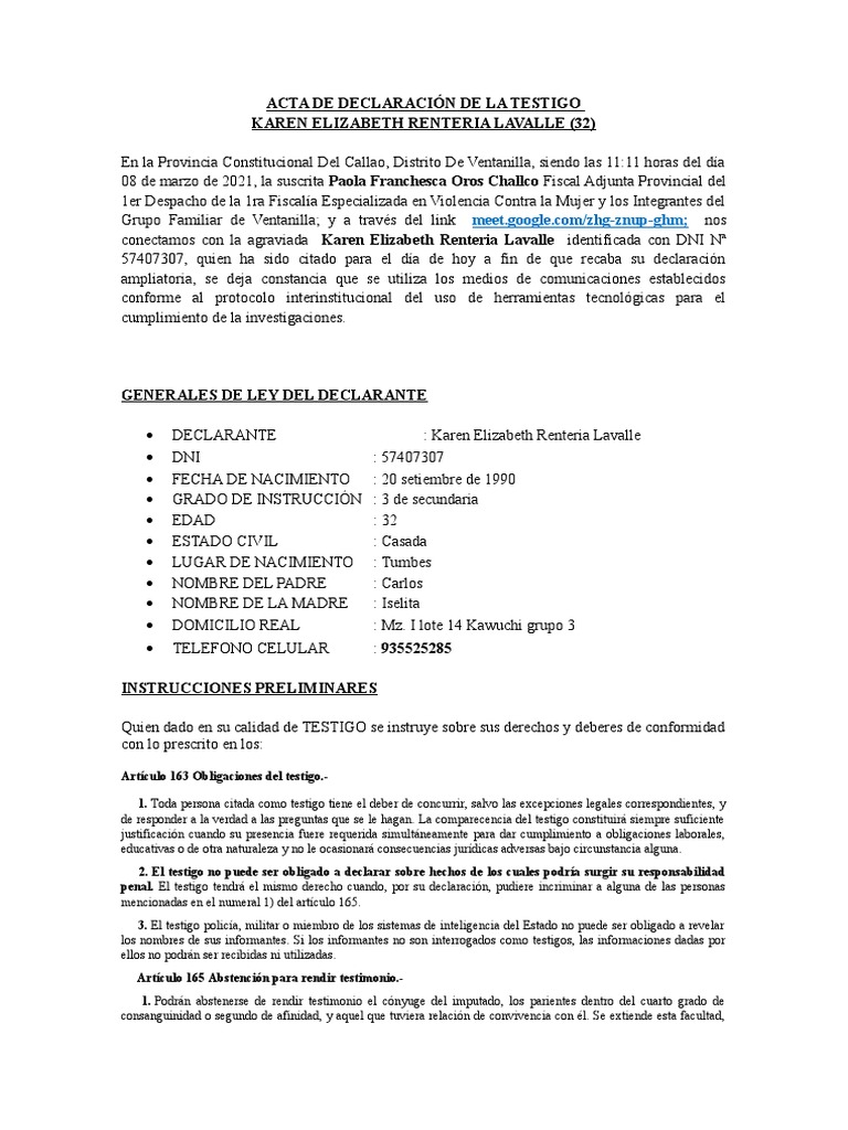 Declaración de La Testigo Madre | PDF | Parentesco | Testigo