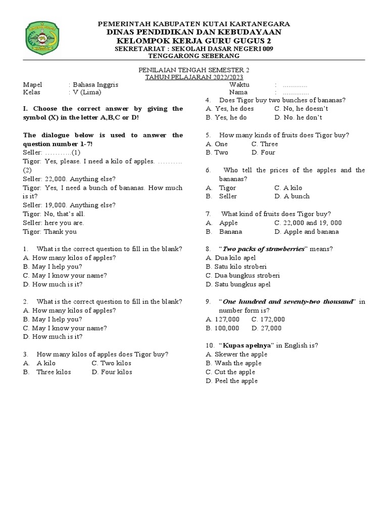 Soal Uts Kls 6 B. Ing KKG | PDF | Fruit | Agriculture