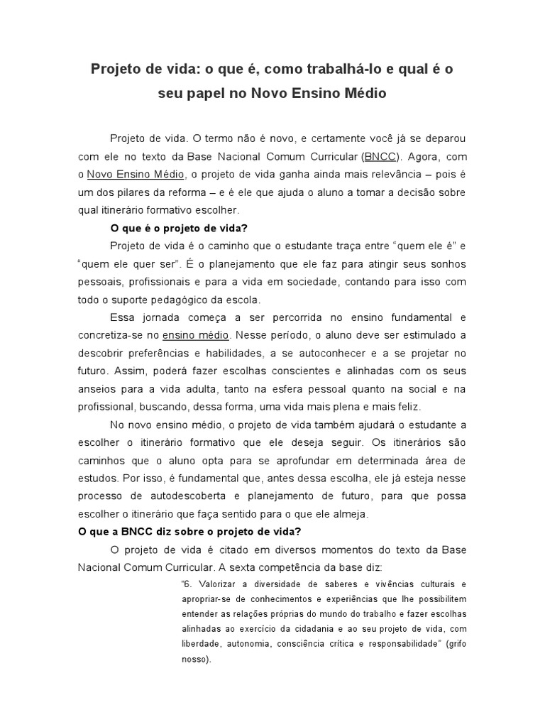 Projeto de Vida | PDF | Autoestima | Sociologia