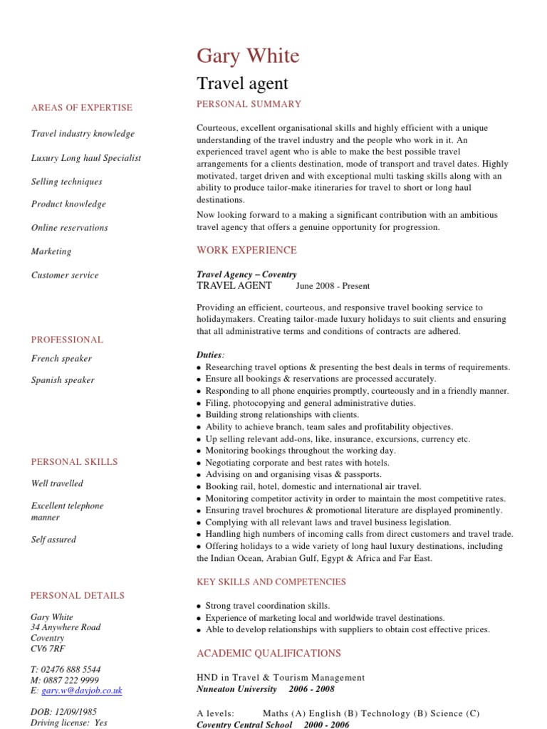 Travel Agent CV Example | PDF | Travel Agency | Sales