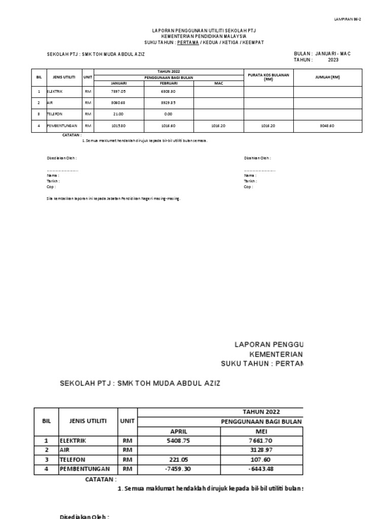 Borang Pelaporan Utiliti Terkini KPM Sekolah PTJ | PDF