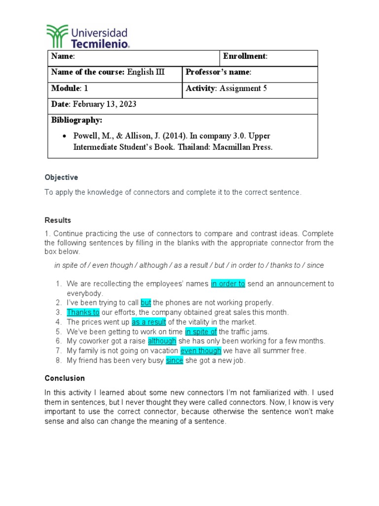 English III Connectors Assignment Insights | PDF