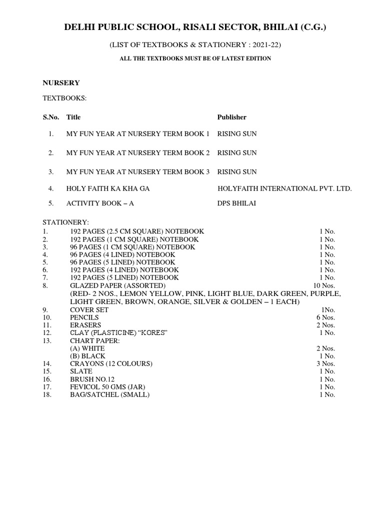 Delhi Public School, Risali Sector, Bhilai (C.G.) : Nursery | PDF