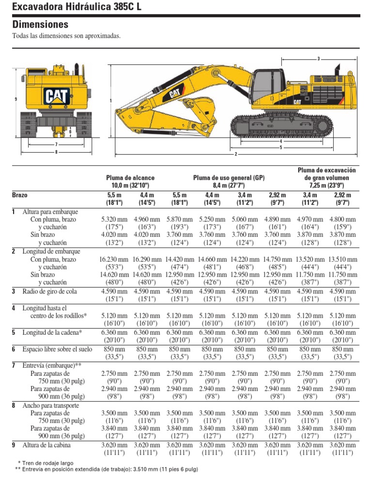 Dimensiones y Especificaciones Excavadora 385C L | PDF | Cantidad ...