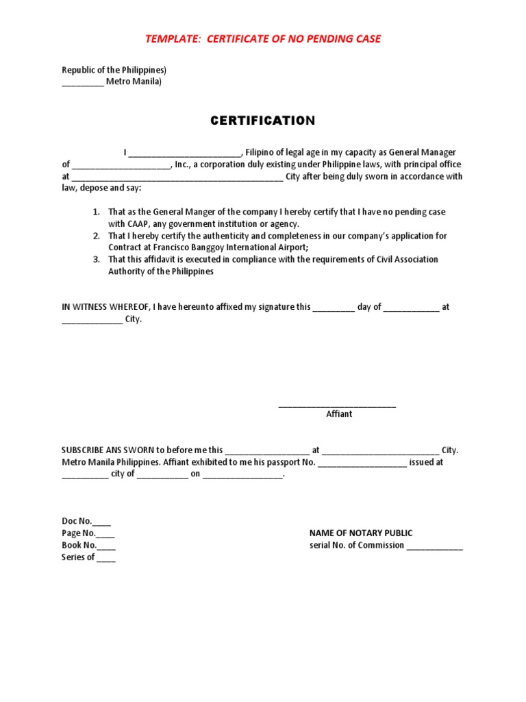 TEMPLATE Certificate of No Pending Case | PDF | Finance & Money Management